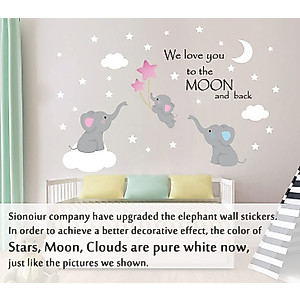 Family Elephant Wall Decal Baby Nursery Decor Kids Room Wall Stickers Large Cute Lovely Elephant Decals with Moon Stars Quote Home Decorations Love You to The Moon and Back 60''W x48''H