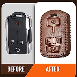 Slohif for Chevy Chevrolet Leather Key Fob Cover Accessories for Silverado Colorado GMC Sierra Canyon 2014-2019 4 Buttons, Leather Case+D-Ring+Hook(Brown)