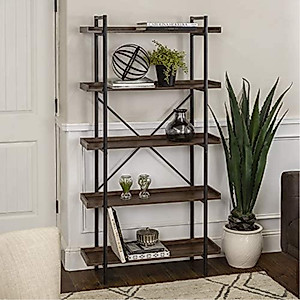Walker Edison 5 Shelf Industrial Wood Metal Bookcase Tall Bookshelf Storage Home Office, 68 Inch, Dark Walnut