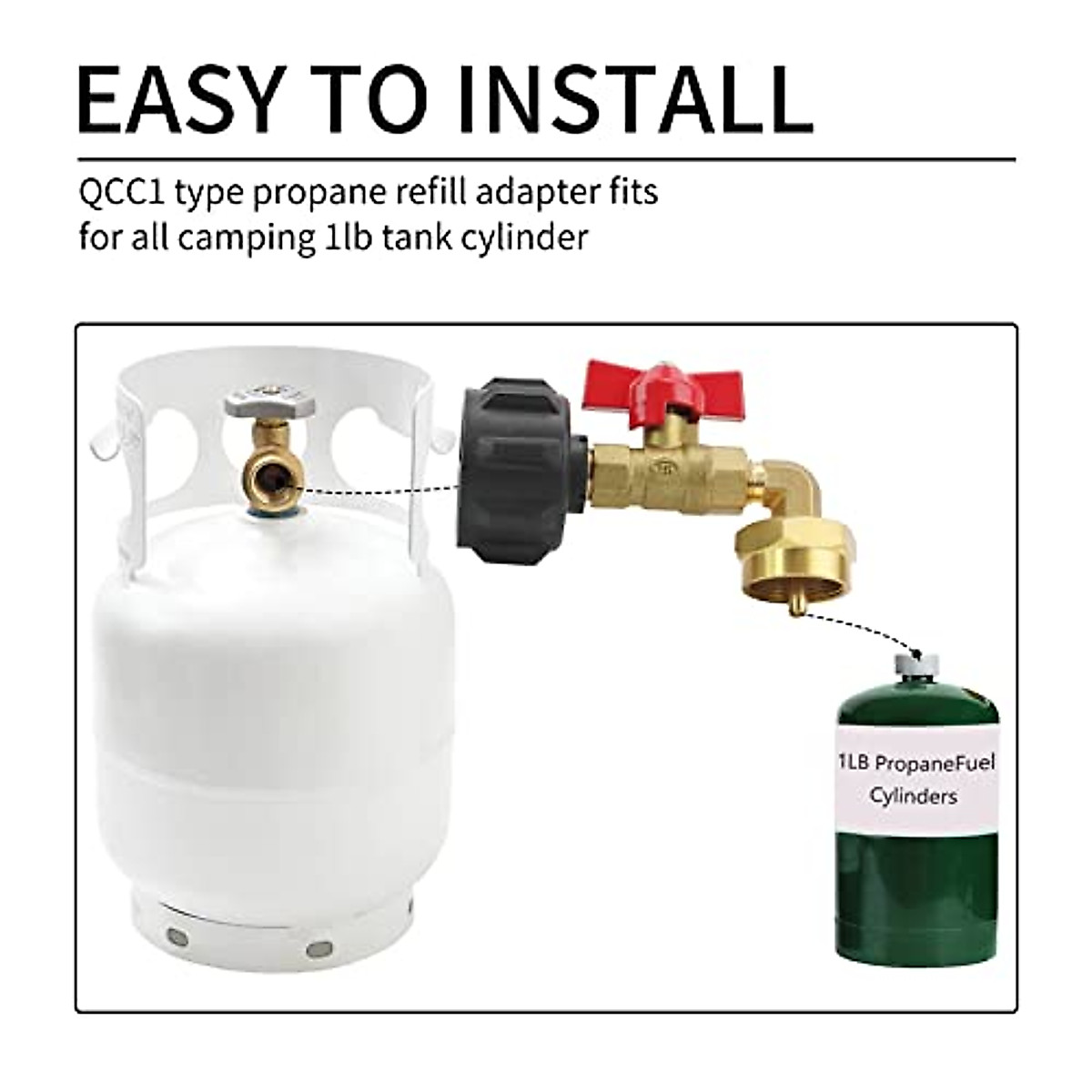 Flameweld Propane Refill Elbow Adapter - Fits QCC1/Type1 Gas Cylinder Tank Coupler, 90 Degrees Propane Refill Pressure Adapter with ON-Off Control Valve, Solid Brass