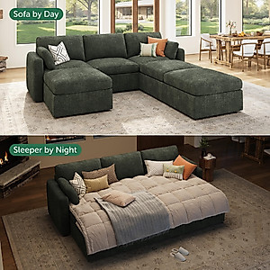 HONBAY Modular Sectional Sofa, Sectional Couch with Storage Seats, Sleeper Chenille Sectional Couches for Living Room, Green
