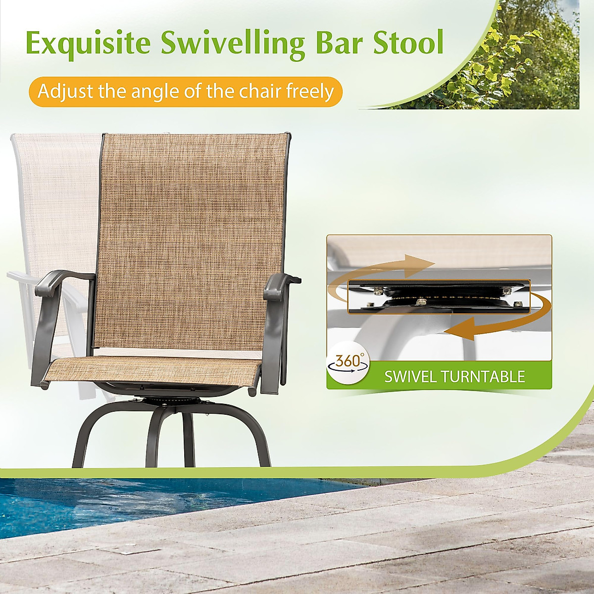 Homall Bar Stools Set of 2 Textile Outdoor Bar Chairs Bar Height 360 Rotating Patio Chairs for Bistro, Lawn, Garden, Backyard