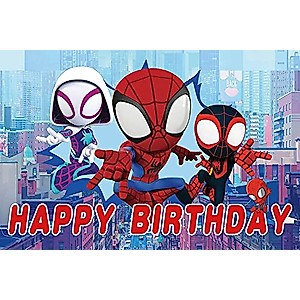 Happy Birthday Theme Red Spider Man Photography Backdrop Cartoon Comics Style Building Scenes Photo Background 5x3ft Children Boys Birthday Party Banner Decors Supplies