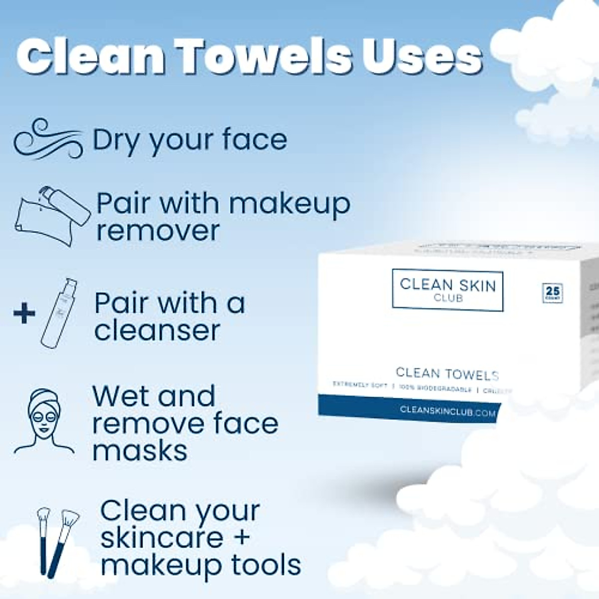 Clean Skin Club Clean Towels, 100% Biobased Dermatologist Face Towel, Disposable Face Towelette, Facial Washcloth, Makeup Remover Dry Wipes, Ultra Soft, 25 count, 1 pack