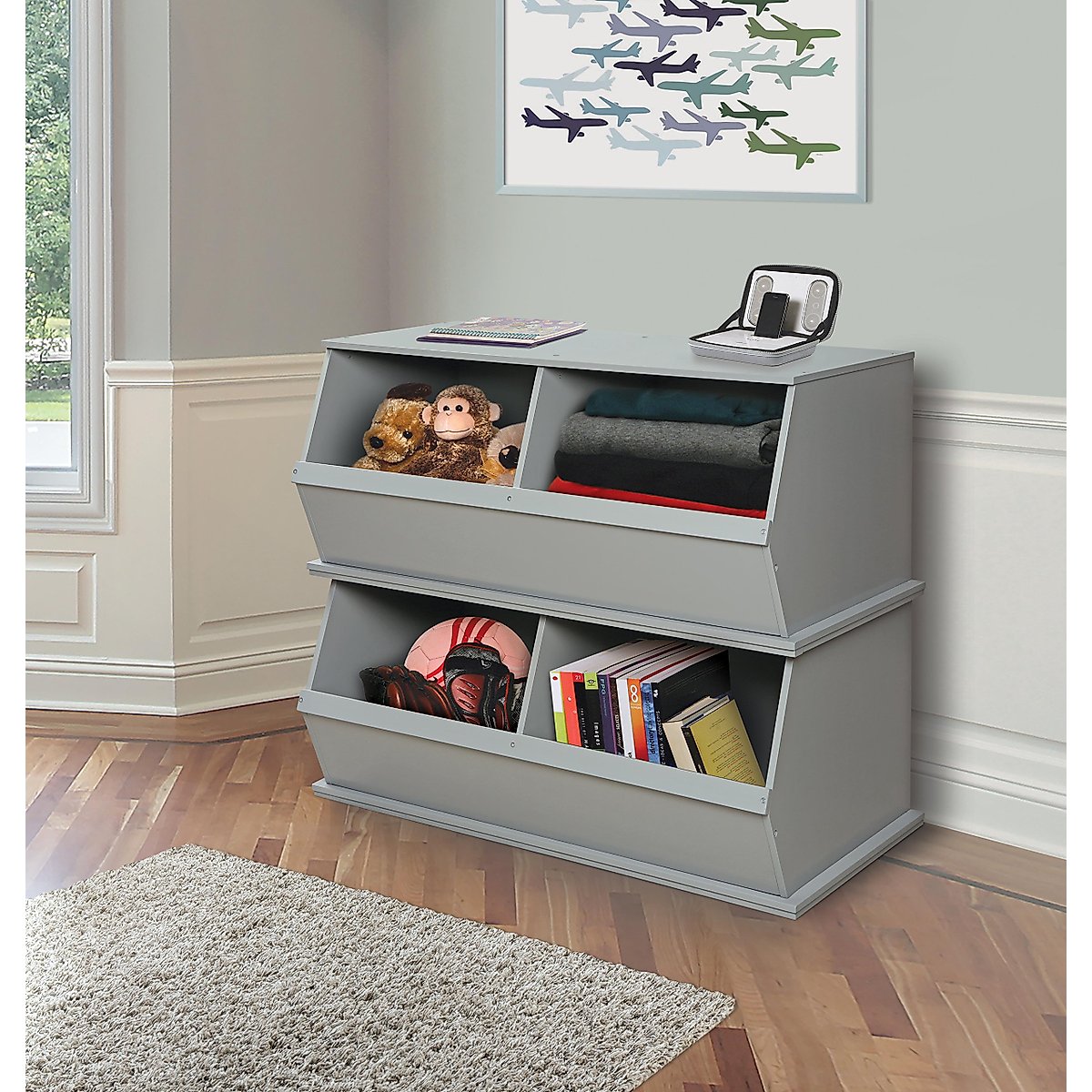 Stackable Wooden 2 Bin Open Storage Toy Organizing Cubby