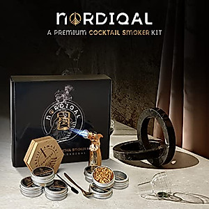 NORDIQAL Cocktail Smoker Kit with Torch, 6 Wood Chip Flavors for Whiskey and Bourbon (Butane Not Included) - Distressed Smoke Lid and Premium Packaging, Old Fashioned Whiskey Drink Smoker Infuser Kit