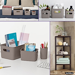 Superio Ribbed Collection - Decorative Plastic Open Home Storage Bins Organizer Baskets, Small Taupe (6 Pack) Container Boxes for Organizing Closet Shelves Drawer Shelf 1.5 Liter