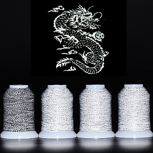New brothread 4 Spools Reflective Embroidery Machine Thread (3 White +1 Black) 30WT 500M(550Y) Each Spool for Embroidery, Quilting and Sewing