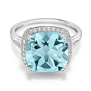 Gem Stone King 10K White Gold Sky Blue Topaz and White Created Sapphire Engagement Ring For Women | 8.54 Cttw | Cushion Cut 12MM | Gemstone Birthstone | Ring Size 5-9