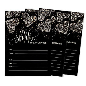 Inkdotpot Pack of 30 Surprise Party Birthday Invitations with Envelopes, Black Retirement Party, Bridal Shower, Baby Shower Fill in Style Invites