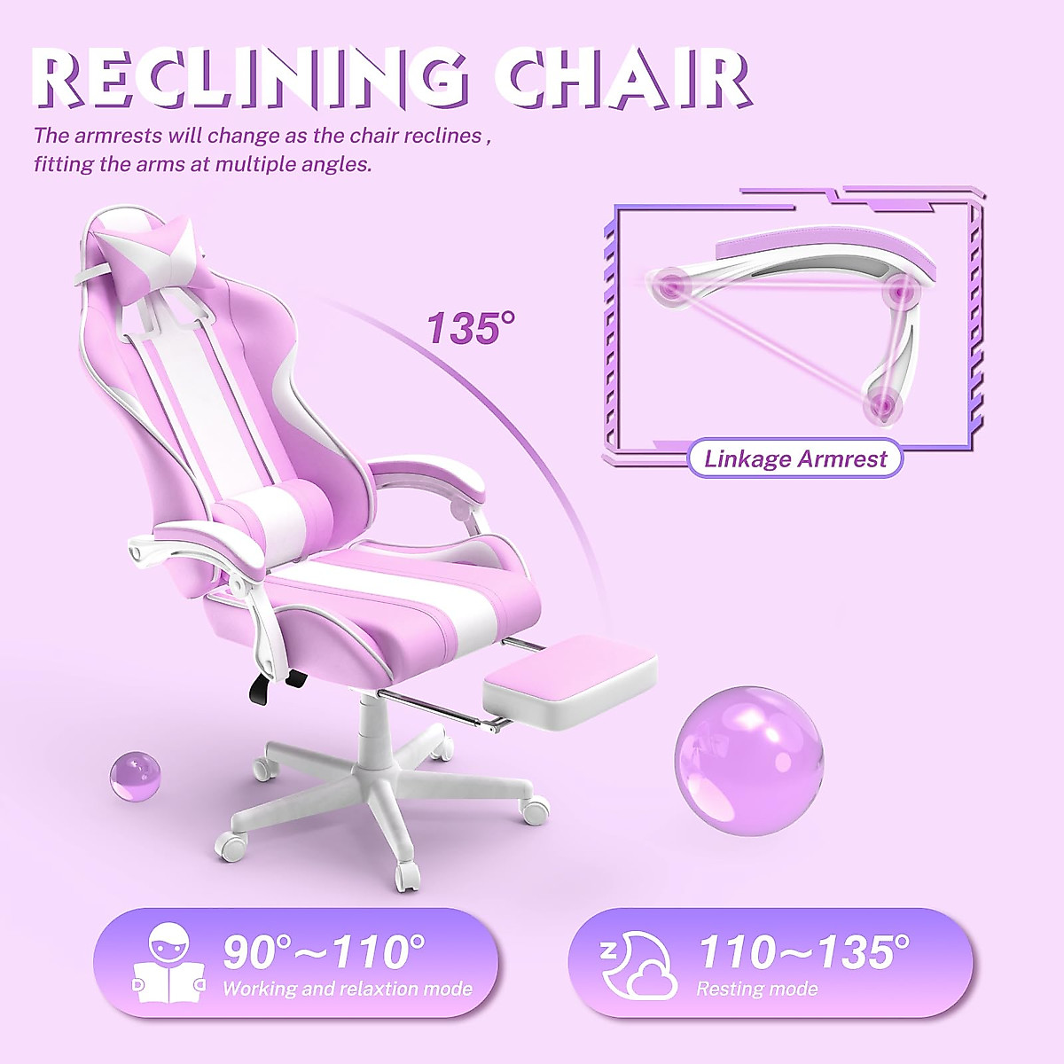 Ferghana Kawaii Light Purple Gaming Chair with Bunny Ears, Ergonomic Cute Gamer Chair with Footrest and Massage, Racing Reclining Leather Computer Game Chair 250lbs for Girls Adults Teens Kids