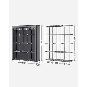SONGMICS Portable Closet, Wardrobe Closet Organizer with Cover, 3 Hanging Rods and Shelves, 4 Side Pockets, 51.2 x 17.7 x 65.7 Inches, Large Capacity for Bedroom, Living Room, Gray URYG092G02