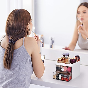 LETURE Small Desk Organizer With Drawer, Office Desktop Storage Box, Business Card/Pen/Pencil/Mobile Phone/Stationery Holder Storage Box, Makeup Organizer for Office School Home (White)