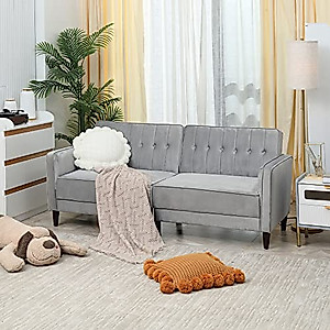 HOMCOM Convertible Sleeper Sofa, Futon Sofa Bed with Split Back Design Recline, Thick Padded Velvet-Touch Cushion Seating and Wood Legs, Light Grey