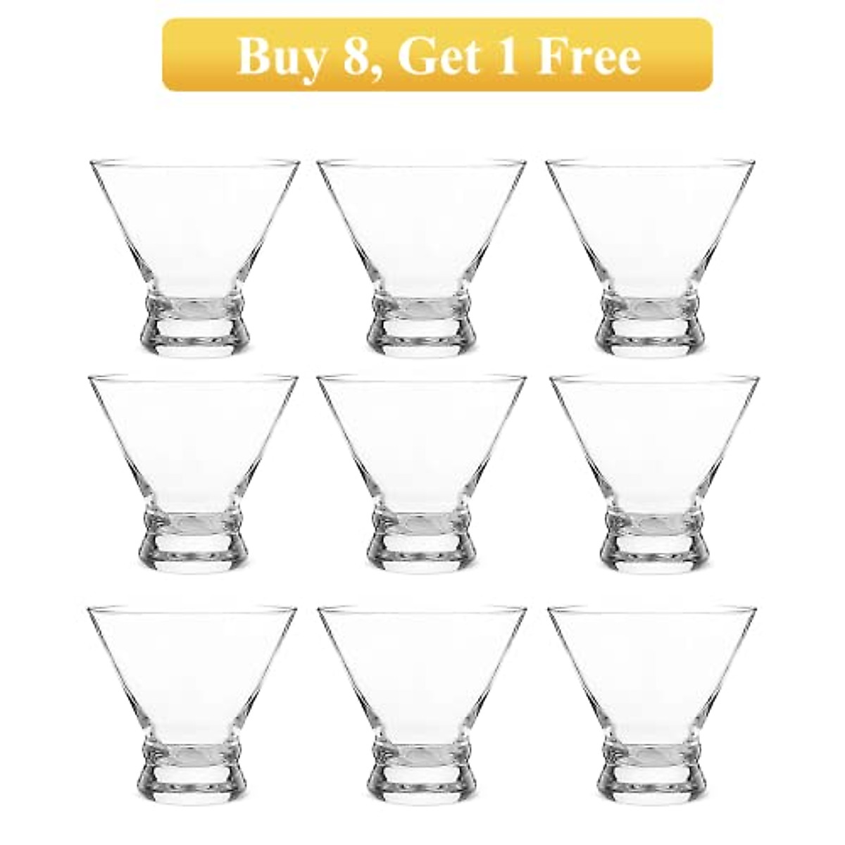 Mfacoy Martini Glasses Set of 9(Buy 8, get 1 Free), USA MADE Crystal Cocktail Glasses 8 Ounces, Hand Blown Stemless Martini Glasses for Bar, Martini, Cosmopolitan, Manhattan, Gimlet, Pisco Sour Brandy