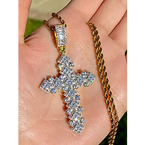 Custom Cross Men Women 925 Italy Gold Finish Iced Silver Charm Ice Out Pendant Stainless Steel Real 3 mm Rope Chain , Mans Jewelry, Iced Pendant, Rope Necklace 16"- 24" (24" Chain + Pendant Set)