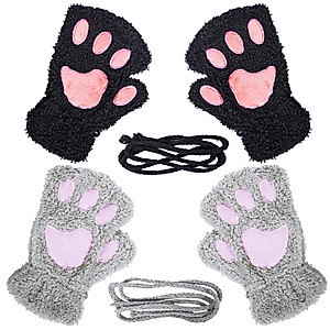 Loritta 2 Pairs Cat Paw Winter Plush Faux Fur Cute Kitten Fingerless Mittens Gloves,Black+Gray(2 Pairs)