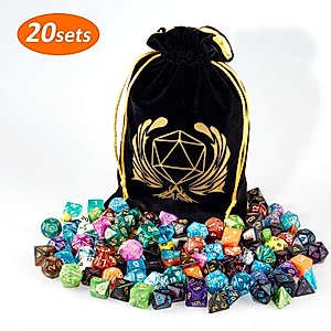 Coyeekn DND Dice Set, 20 x 7 (140 Pieces) Polyhedron Dice 20 Colors Dice for Dungeons and Dragons DND RPG MTG Table Games D4 D8 D10 D12 D20 with 1 Large Flannel Bag