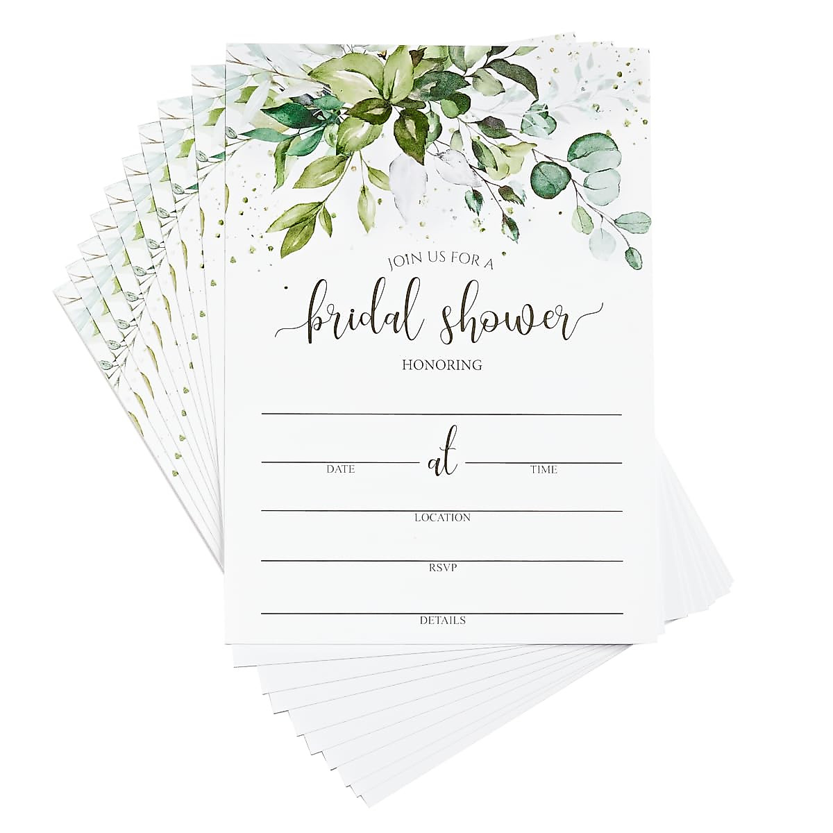All Ewired Up 50 Greenery Eucalyptus Bridal Shower Invitations and 50 Envelopes, Boxed Set, Sage (Large Size 5x7) - (100 pieces)