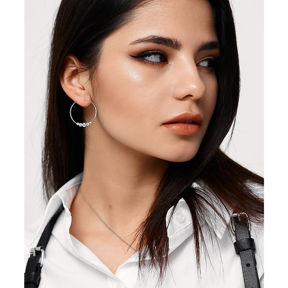 Sterling Silver Polished and Hammered Beads Round Hoop Earrings (1 3/4 Inch)