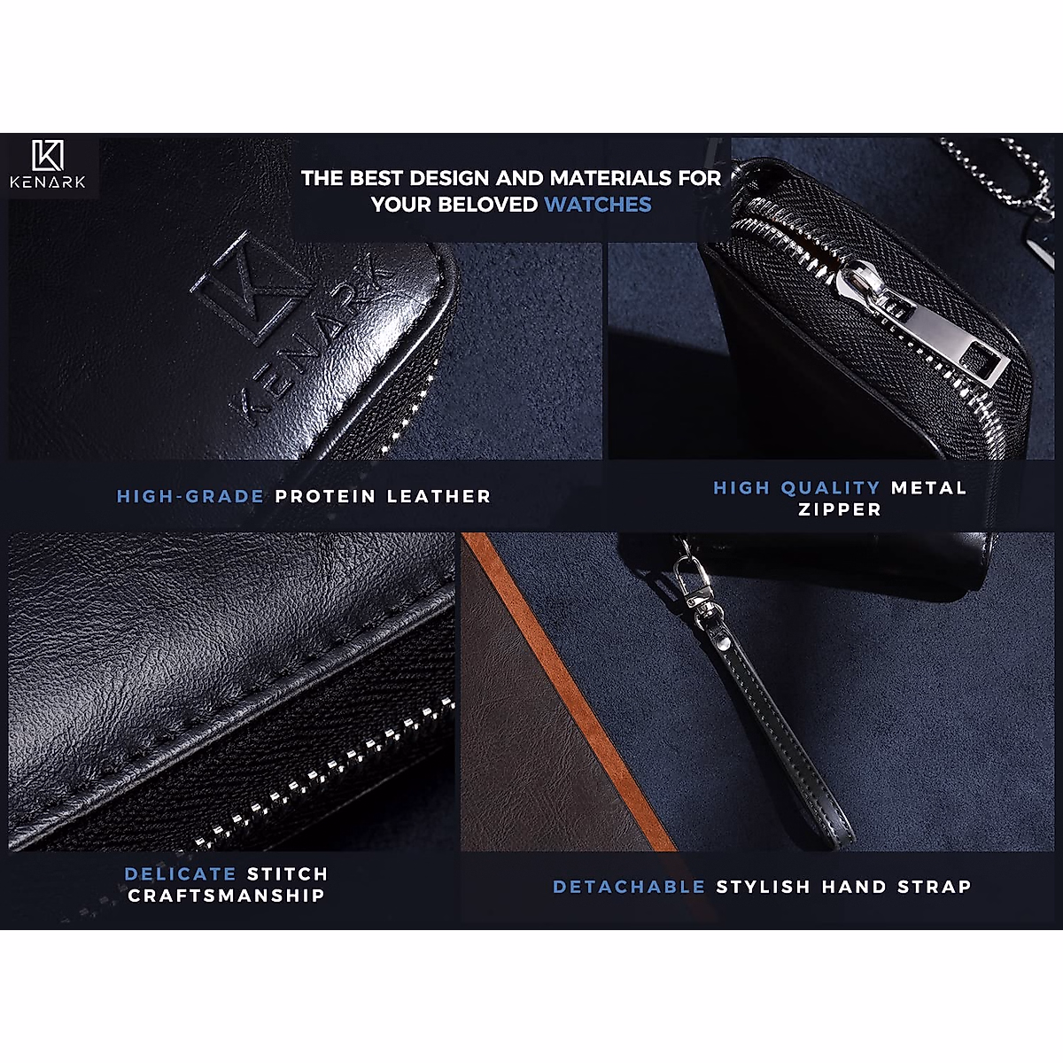 KENARK Luxury KW6M PLUS Watch Case Travel Watch Case for 3 Watches - Watch Roll for Anti-scratching - Luxury Watch Box - Watch Storage Roll (Blue Pouch)