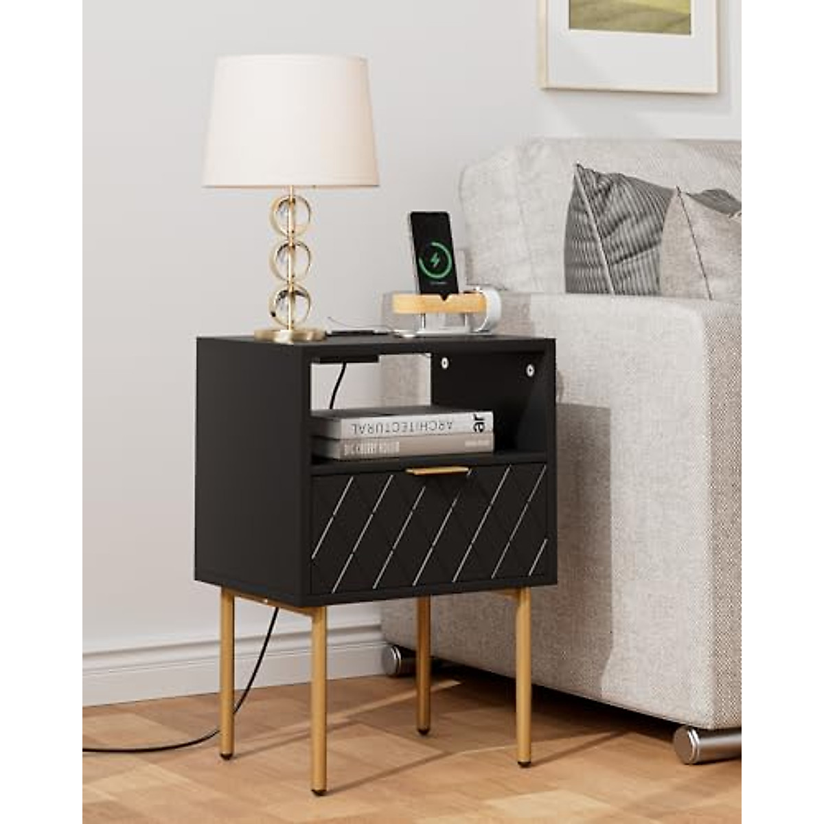 Masupu Nightstand with Charging Station,Mid-Century Modern Bedside Table with Storage Drawer and Open Wood Shelf,Small Gold Frame Side Table for Bedroom,Living Room(Black)