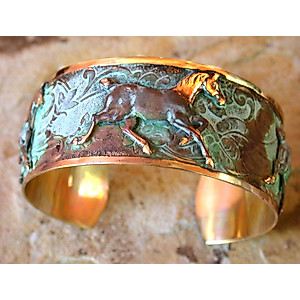 Elaine Coyne Collectible Artwear Verdigris Patina Contemporary Running Horse Cuff Bracelet - USA Made