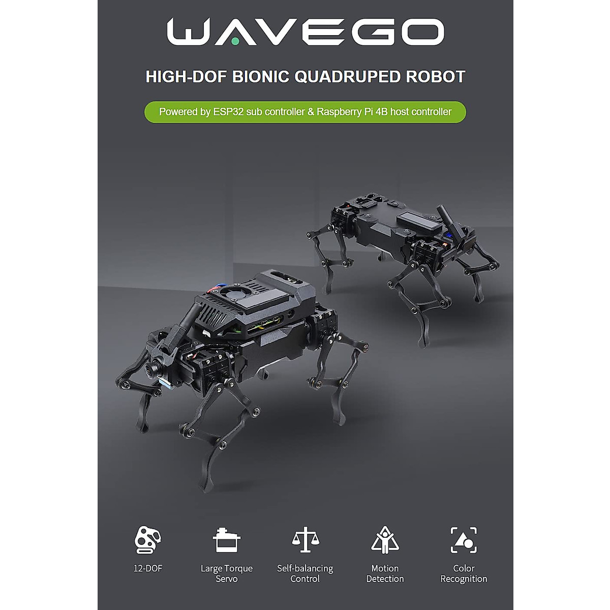 waveshare WAVEGO 12-DOF Bionic Dog-Like Robot Open Source for ESP32 and PI4B Facial Recognition Color Tracking Motion Detection Compatible with PI4B-4GB (Included) (26 Items)