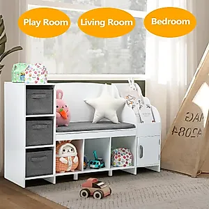 Kids Bookshelf with Reading Nook, Bookcase with Detachable Cushion ，Storage Organizer with Book Rack for Bedroom, Playroom, Gift for Boys and Girls, White