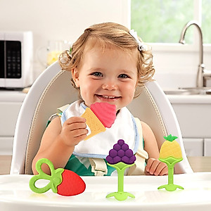 SLGOL Fruit Teething Toys for Babies 4 Pack, BPA Free Silicone Teethers for 3 Month+ Little Boy & Girl Cute Infant and Shower Gifts