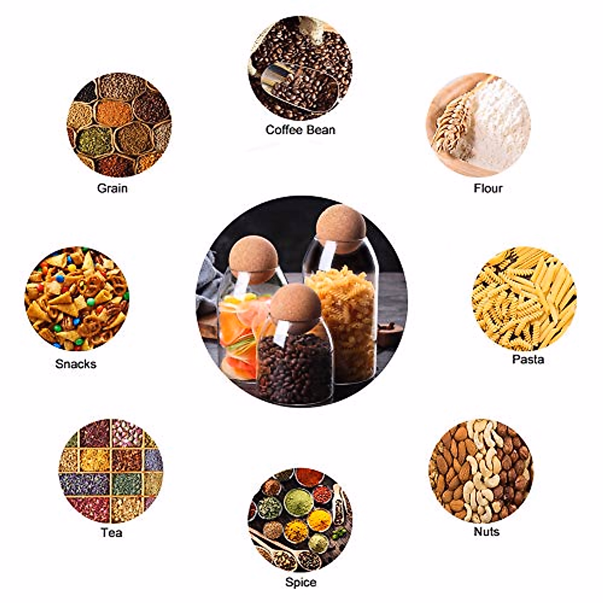 MOLFUJ 550ML/18Oz Glass Storage Container with Ball Cork, Cute Decorative Organizer Bottle Canister Jar with Air Tight Wood Lid for Food, Coffee, Candy, Bathroom Apothecary Cotton Swab Qtip Holder