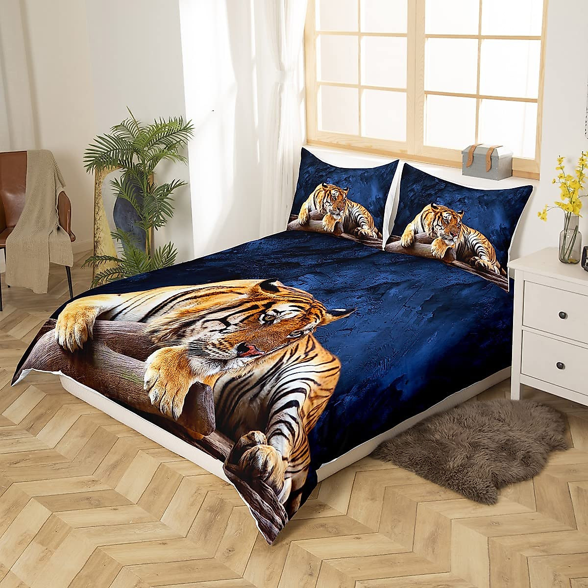 Homewish Tiger Comforter Cover Set 3D Tiger Lying on The Stump Pattern Duvet Cover with Zipper Ties Wild Animal Theme Bedding Set for Kids Boys Teens (1 Duvet Cover + 2 Pillow Cases) Full Size