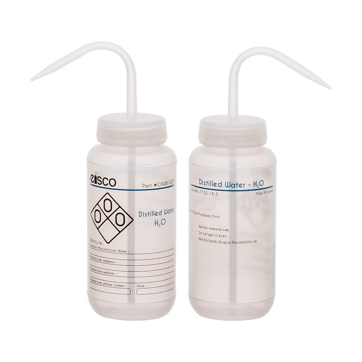 EISCO Wash Bottle for Distilled Water, 500ml - Labeled with Color Coded Chemical & Safety Information (2 Color) - Wide Mouth, Self Venting, Low Density Polyethylene Labs