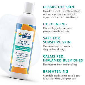 Almond Clear Face & Body Wash [6.7 Fl Oz] Skin Care for Acne and Folliculitis-Prone Skin - Gentle Everyday Exfoliating Cleanser with Mandelic Acid and Botanicals