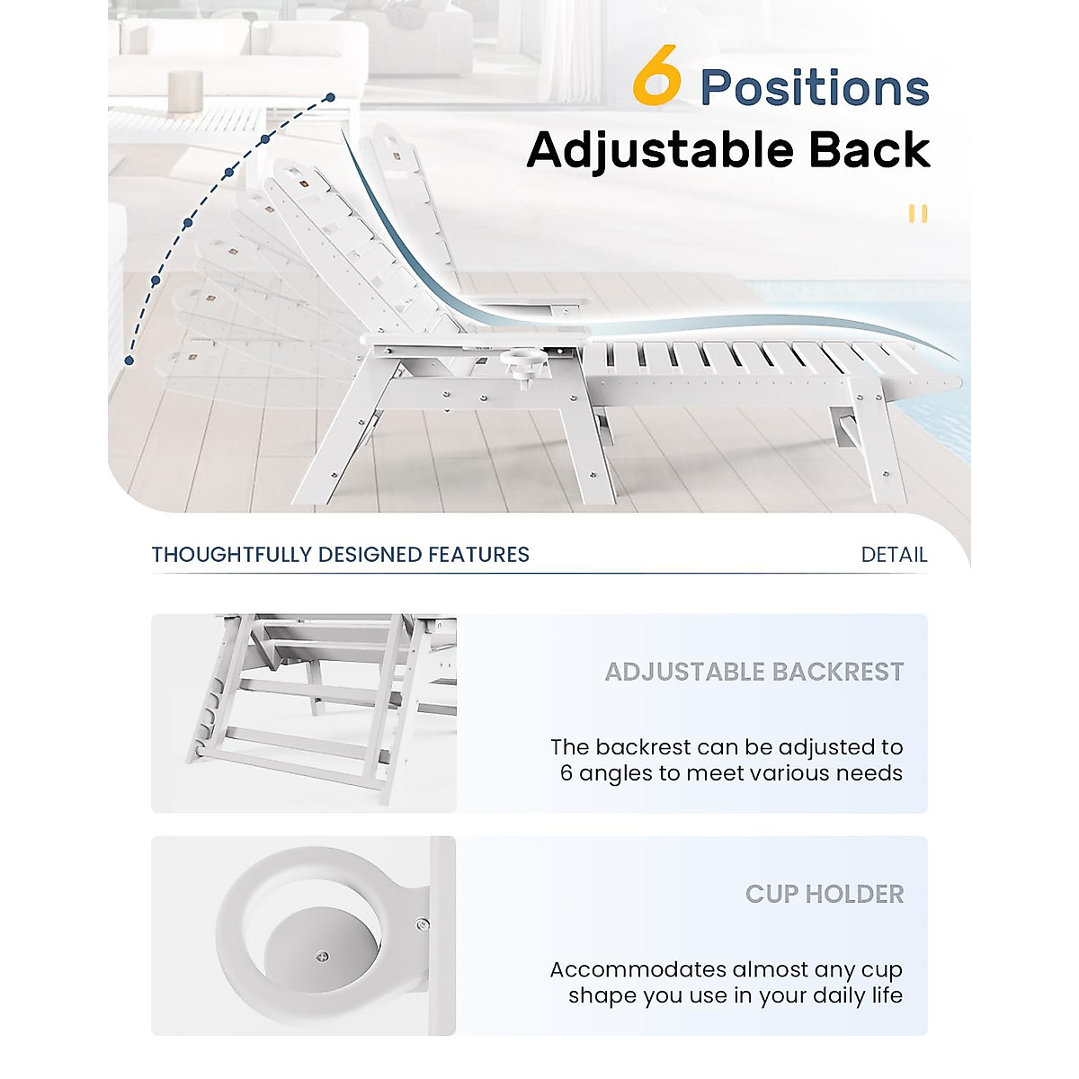 Chaise Lounge for Outdoor, Patio Lounge Chairs for Outside, Chaise Lounge Chair with 6 Positions, HDPE Lounge Chair with Cup Holder Easy Assembly for Pool Beach Garden, White