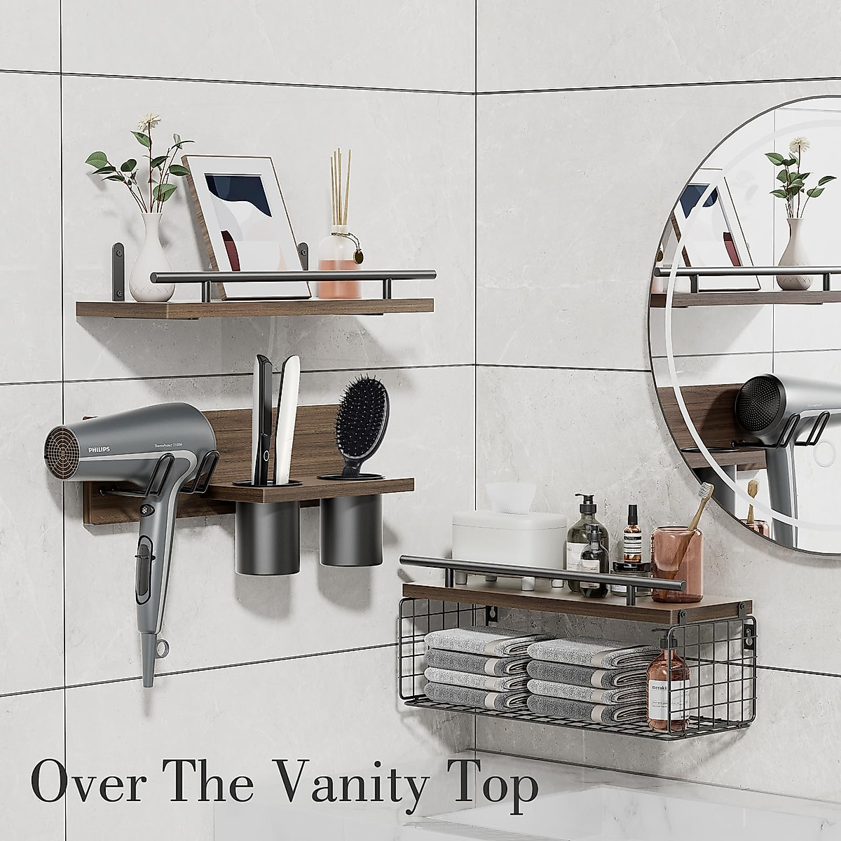 RoleDes Bathroom Floating Shelves with Hair Dryer Holder - Wall Mounted Wood Wall Shelf with Blow Dryer Storage Over The Toilet - Set of 3 Rustic Brown Farmhouse Decor