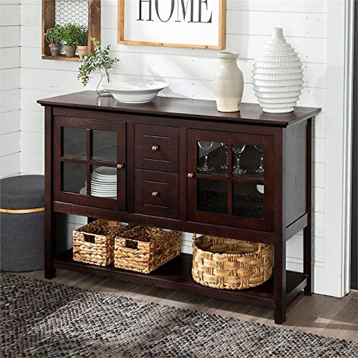 Walker Edison Charlotte Classic Glass Door Storage Buffet, 52 Inch, Espresso