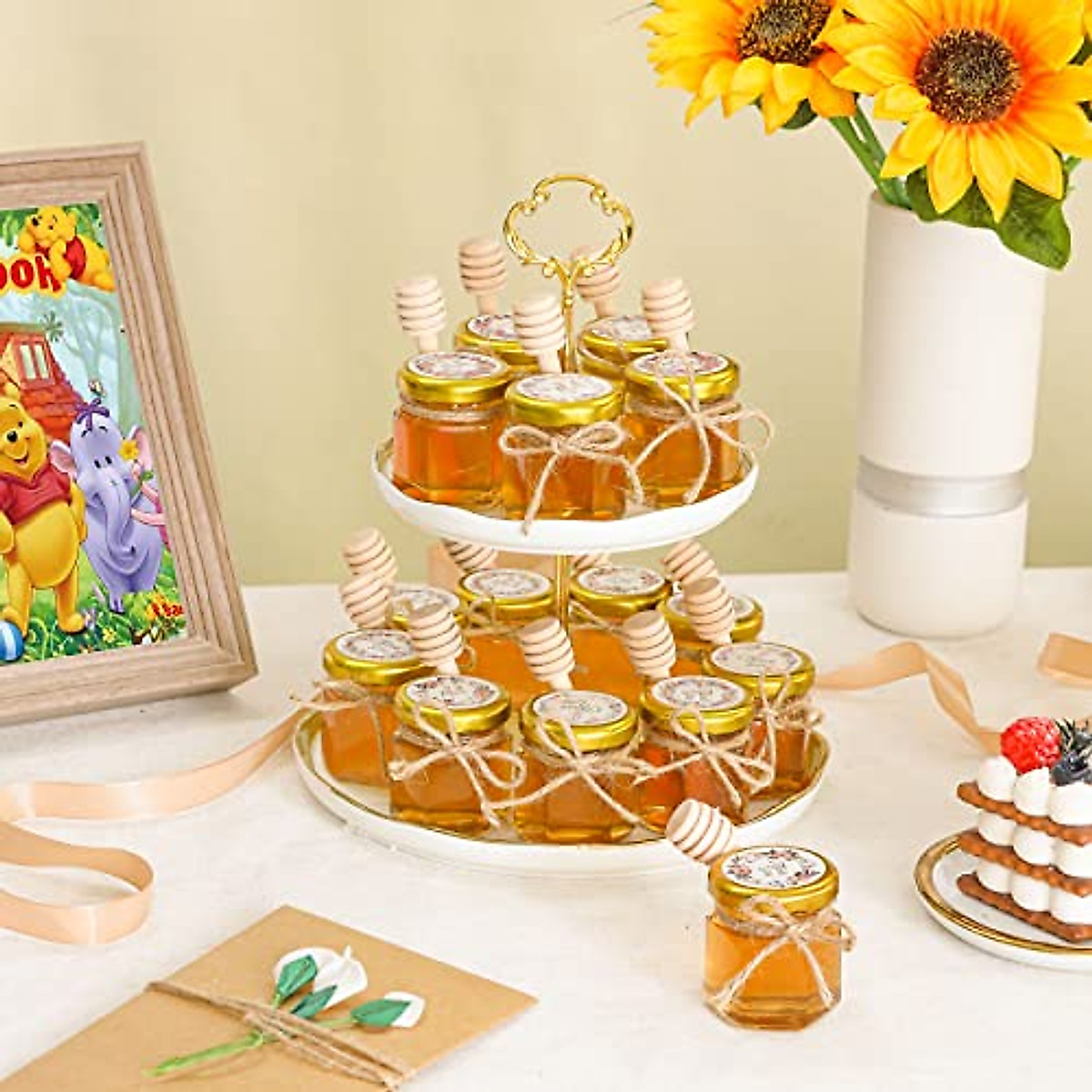 ComSaf Mini Honey Jars with Dipper 1.5oz - 40 Pack, Small Honey Glass Jar with Gold Lid, Tiny Hexagon Honey Jar in Bulk for Baby Shower, Wedding and Party Favors