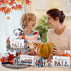 Soaoo 12 Pieces Fall Tiered Tray Decorations Set Wooden Hello Fall Pumpkin Gnome Truck Trays Signs for Autumn Holiday Thanksgiving Home Rustic Farmhouse Table Kitchen Decor (Black and White)