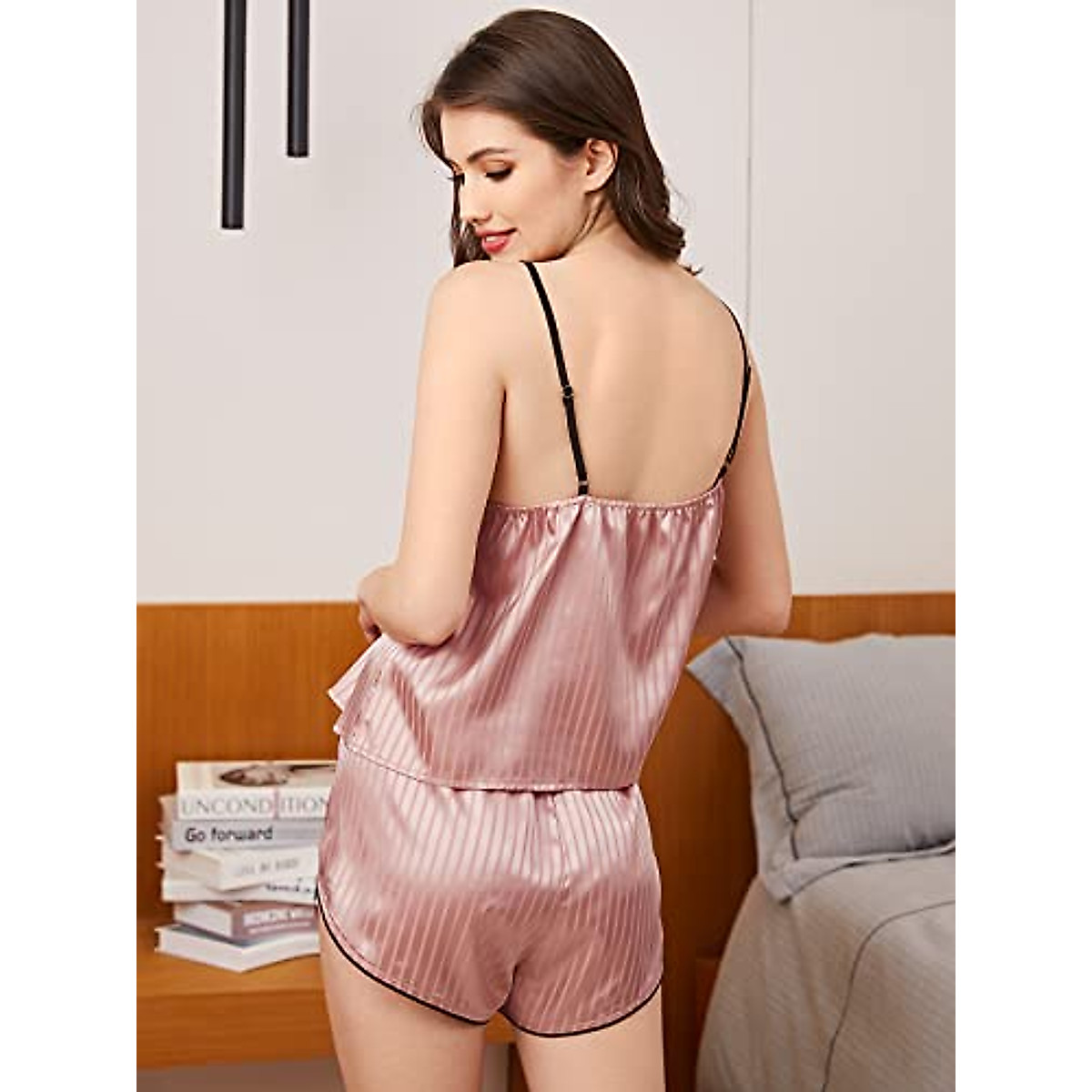 WDIRARA Women's Plus Size 3 Pieces Silk Sleepwear Satin Striped Cami Top with Shorts and Pants Pajama Set Dusty Pink 5XL