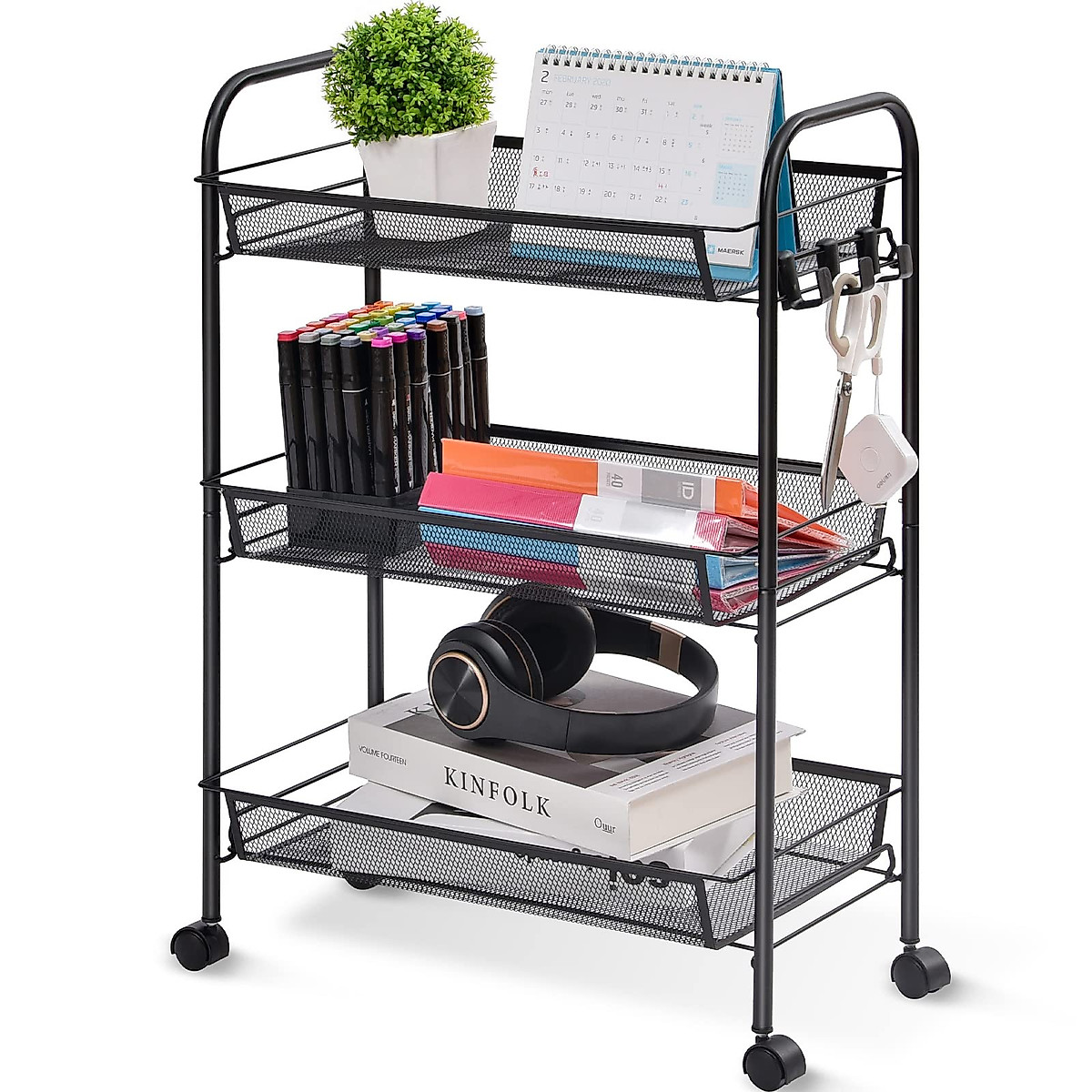 TOOLF 3-Tier Metal Rolling Cart, Mesh Wire Easy Assemble Utility Cart, Storage Trolley on Wheels with 3 Hooks, MetalStorage Shelving Units for Kitchen Bathroom Laundry Room
