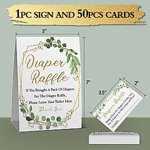 Diaper Raffle Tickets, Diaper Raffle Sign, Greenery Insert Ticket, Golden Baby Showers Decorations，Card for Baby Shower Game to Bring a Pack of Diapers(1 Sign+50 Cards)
