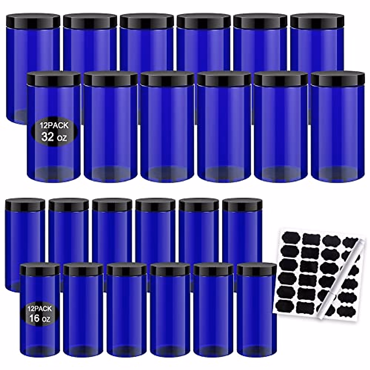 AEGISMILE PLastic jars with lids 32 OZ & 16 OZ 24 Pcs Plastic Storage Jars Containers with Airtight Black Plastic Screw On Lids Large Round Jars Easy Clean for Household and Kitchen Organizing