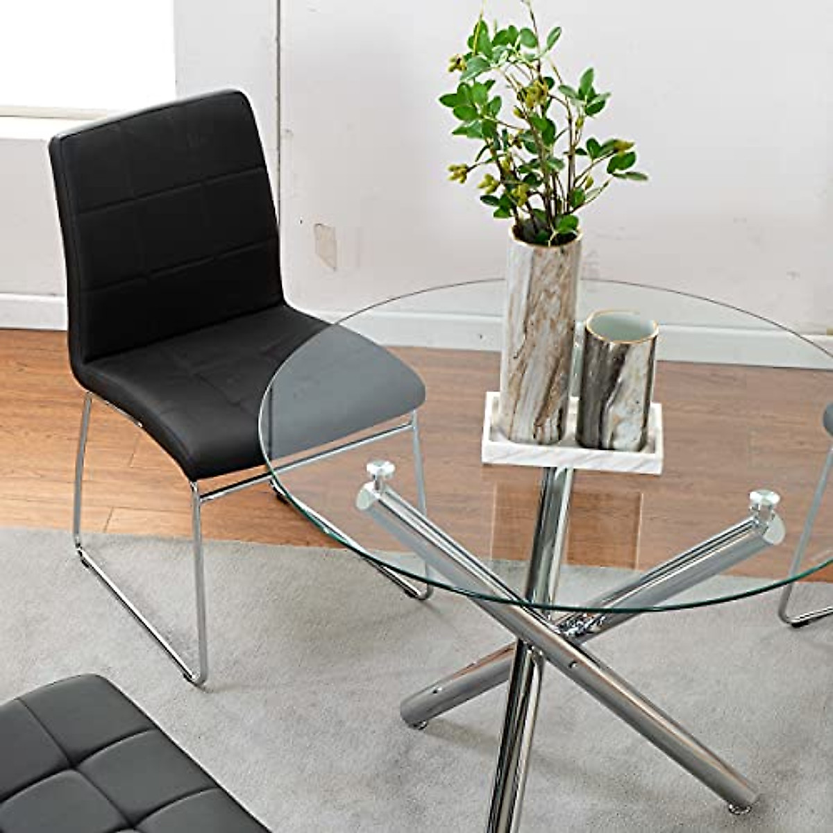 Modern Dining Table Set for 2 Round Glass Table and Faux Leather Chairs Set 3 Piece Dining Set for Kitchen,Dining Room,Afternoon Tea (Table + 2 Black Chairs)