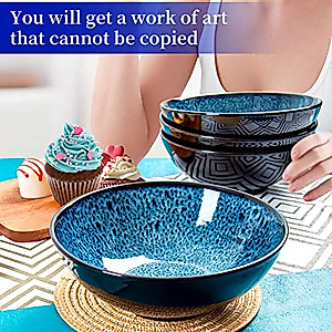 TochilyMoM Large Stackable Snowflake Blue Glaze Pasta Bowls,Wide and Deep Thickened Serving Bowls for Salads, Curry, Ramen, Pho. Microwave and Dishwasher Safe,30 oz 8" Ceramic ramen Bowls