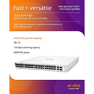 HPE Networking Instant On Switch Series 1960 48-Port Gb Smart-Managed Layer 2+ Ethernet Switch with PoE | 48x 1G | 2X 10GBase-T, 2X SFP+ | 40x CL4, 8X CL6 PoE 600W | Stackable | US Cord (JL809A#ABA)