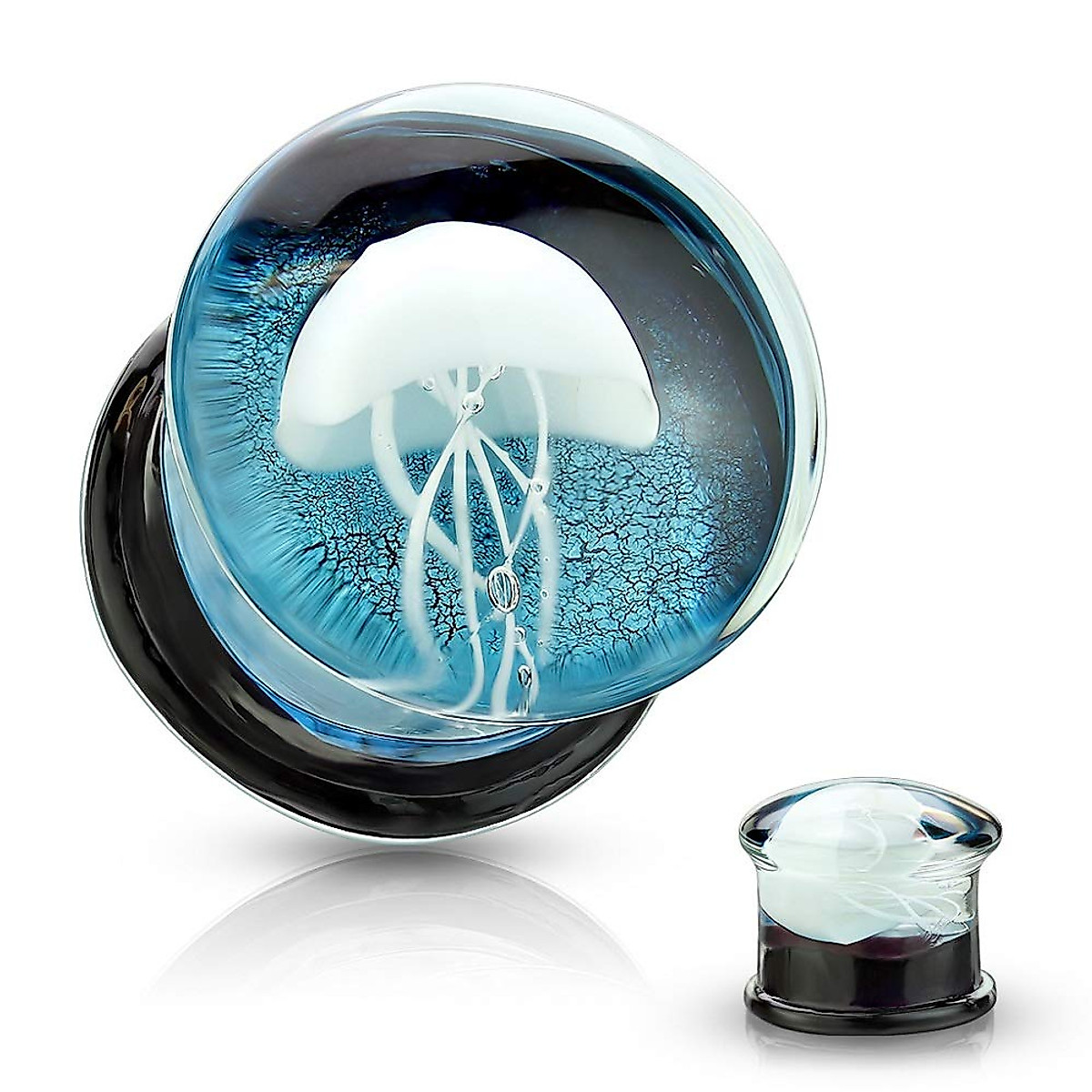 Pierced Owl Glass Floating Jellyfish Blue Double Flared Saddle Plug Gauges, Sold as a Pair (8mm (0GA))
