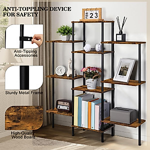 Shinoske 4-Tier Bookshelf,Small Triple Wide Bookcase for Books,CDs,Movies,Display Shelf with 10 Open Shelves for Living Room,Home Office,Balcony,Rustic Brown