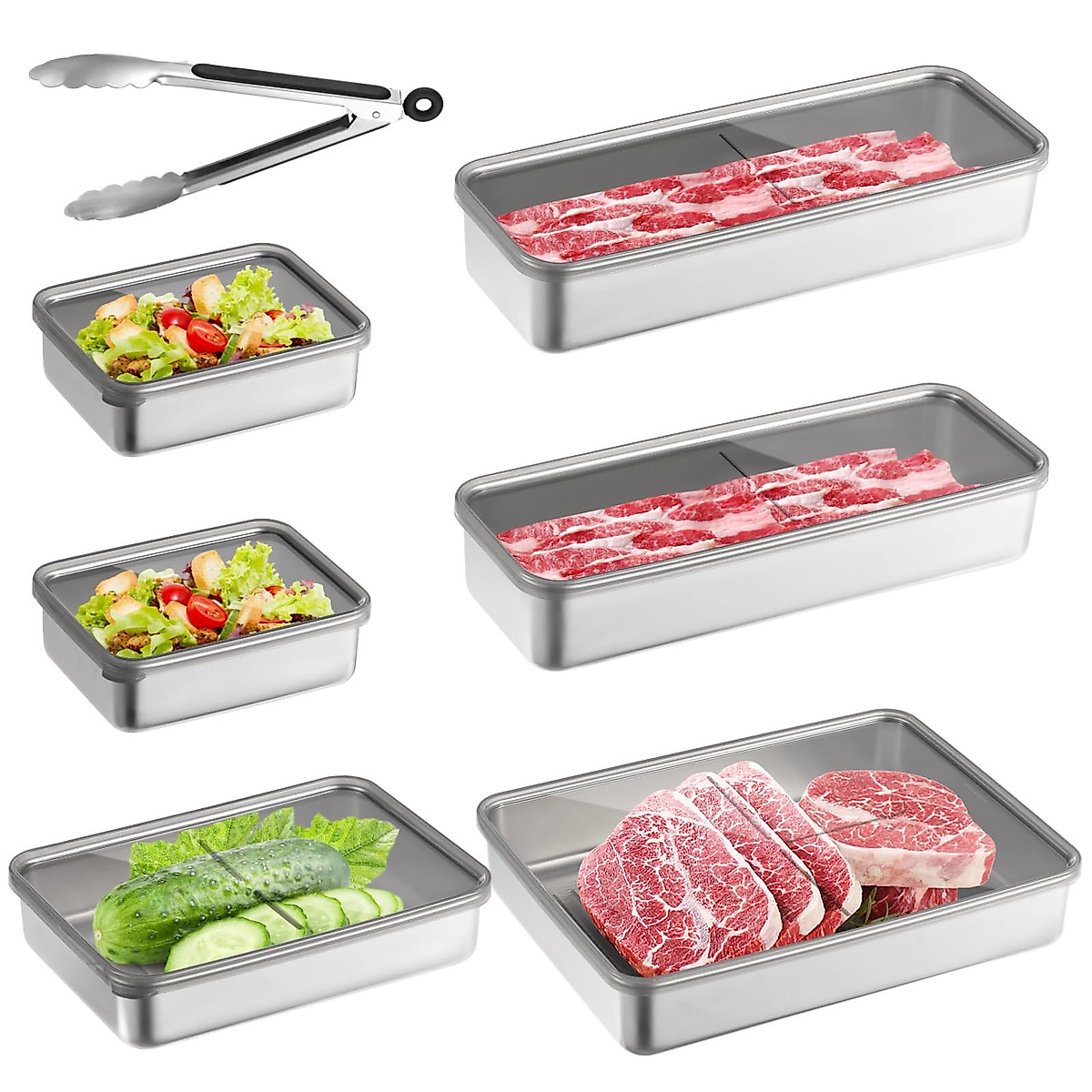 OMISTAR 6PCS Bacon Cheese Containers, 4 Sizes Stainless Steel Airtight Meat Containers, Dishwasher Safe Fridge Storage Containers for Fruit Lunch Storage with Lids Tongs