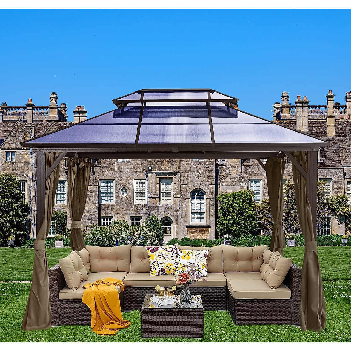 10'x13'Hard top Gazebo Patio Pavilion Double Room PC Roof Canopy Outdoor Aluminum Frame Permanent Metal Pavilion with Net and Curtain, Suitable for Backyard, Garden, Lawn (Brown)